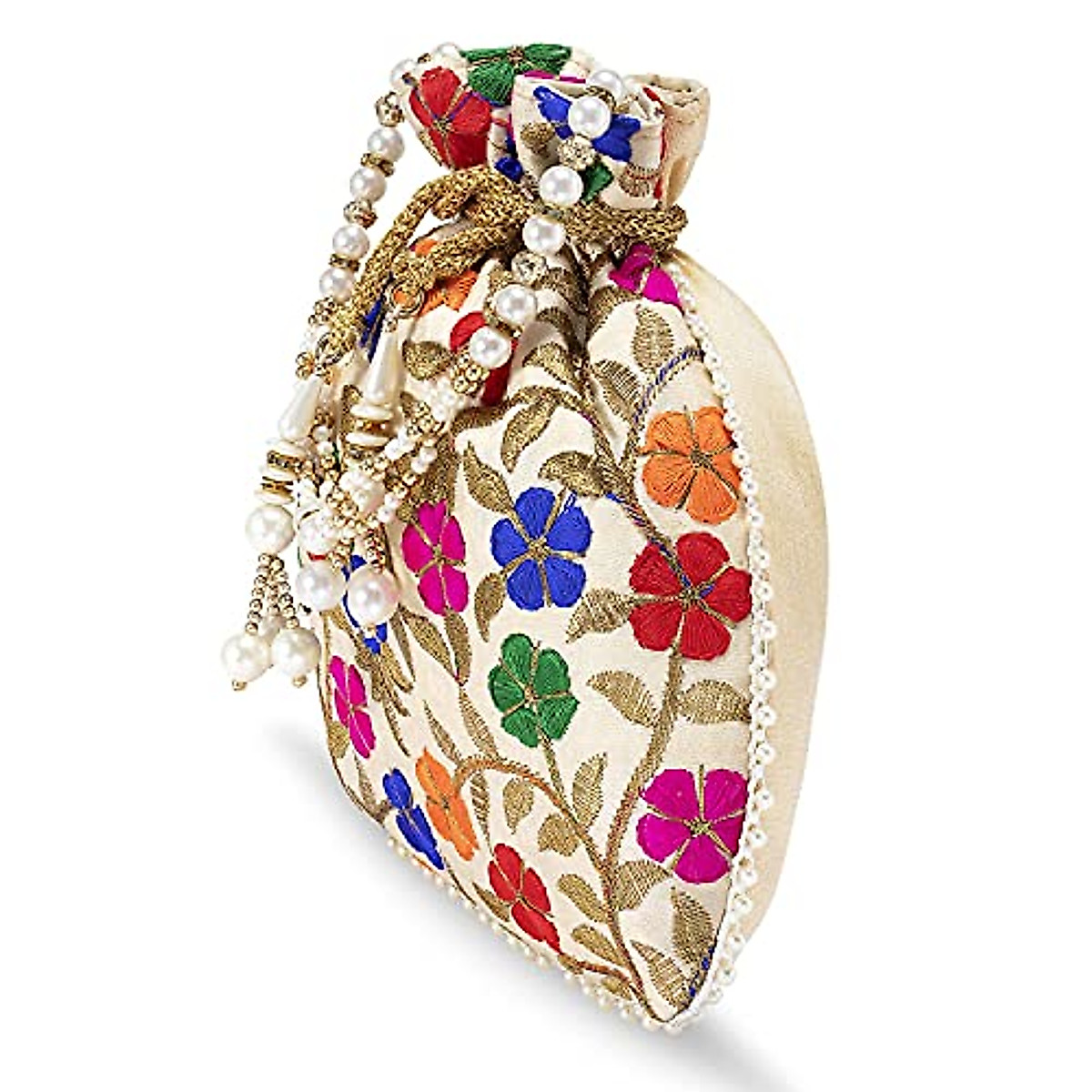 Aheli Ethnic Designer Embroidered Silk Potli Bag Batwa Pearls Handle Clutch Purse for Women (P01) (Multi Floral 4)