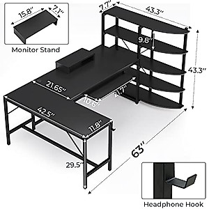 SEDETA  L Shaped Computer Desk, 63'' Corner Gaming Desk, Computer Desk with Storage Shelves, Keyboard Tray, Monitor Stand and Headphone Hook, Corner Gaming Desk with LED Lights, Black
