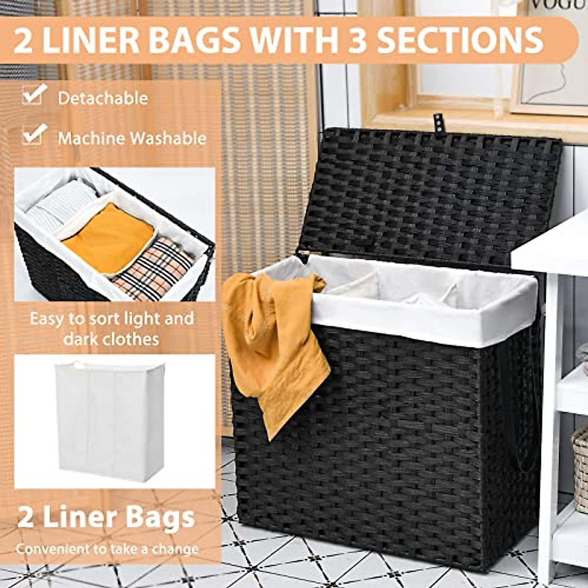 Giantex Laundry Hamper on Wheels, 3 Section 125L w/2 Liner Bags, Rattan Divided Laundry Sorter Clothes Basket w/Lid Handle for Bathroom (Black)