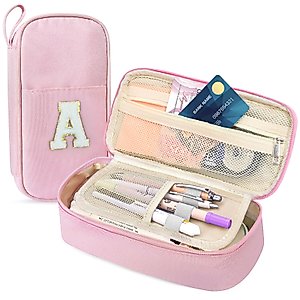 Idefair Cute Pencil Case, Preppy Pencil Pouch Aesthetic Pen Case with Finger Loop, Large Capacity Pencil Bag with Double Zipper School Supplies for Girls (Pink, Letter A)