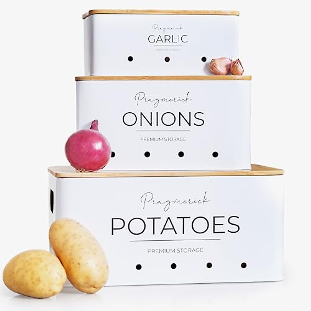 Canisters Sets for the Kitchen Organization, Potato Storage, Onion Storage, Garlic storage, Vegetable storage, Canisters Set for Countertop, Set of 3 Galvanized Steel with Ventilation and Bamboo Lids