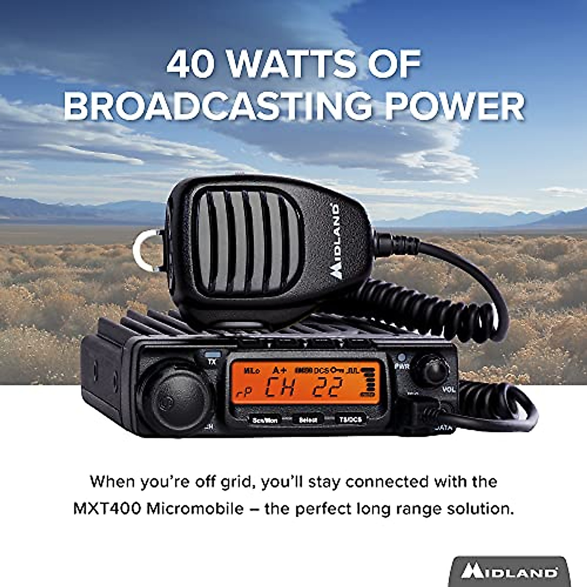 Midland – MXT400 - 40 Watt GMRS MicroMobile Two Way Microphone Radio - Off Roading Outdoor Boat Ranches Tractors Radio - 8 Repeater Channels NOAA Weather Alerts- Compatible GMRS Walkie Talkies