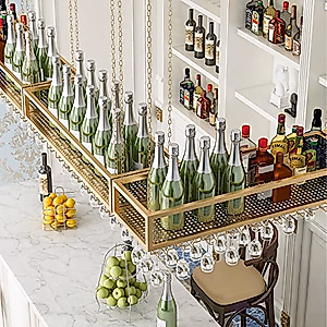 DASHADAO Hanging Wine Glass Rack-Bar Unit Floating Shelves, Metal Chain Wine Rack Ceiling Hanging Wine Bottle Holder with Goblet Stemware Racks Kitchen Upside Down Wine Rack Home Storage Sh