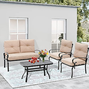 Oakcloud 4Pcs Metal Outdoor Furniture Patio Conversation Set (Loveseat and Coffee Table, 2 Dining Chair) -Wrought Iron Patio Chair Set with Cushions (Brown)