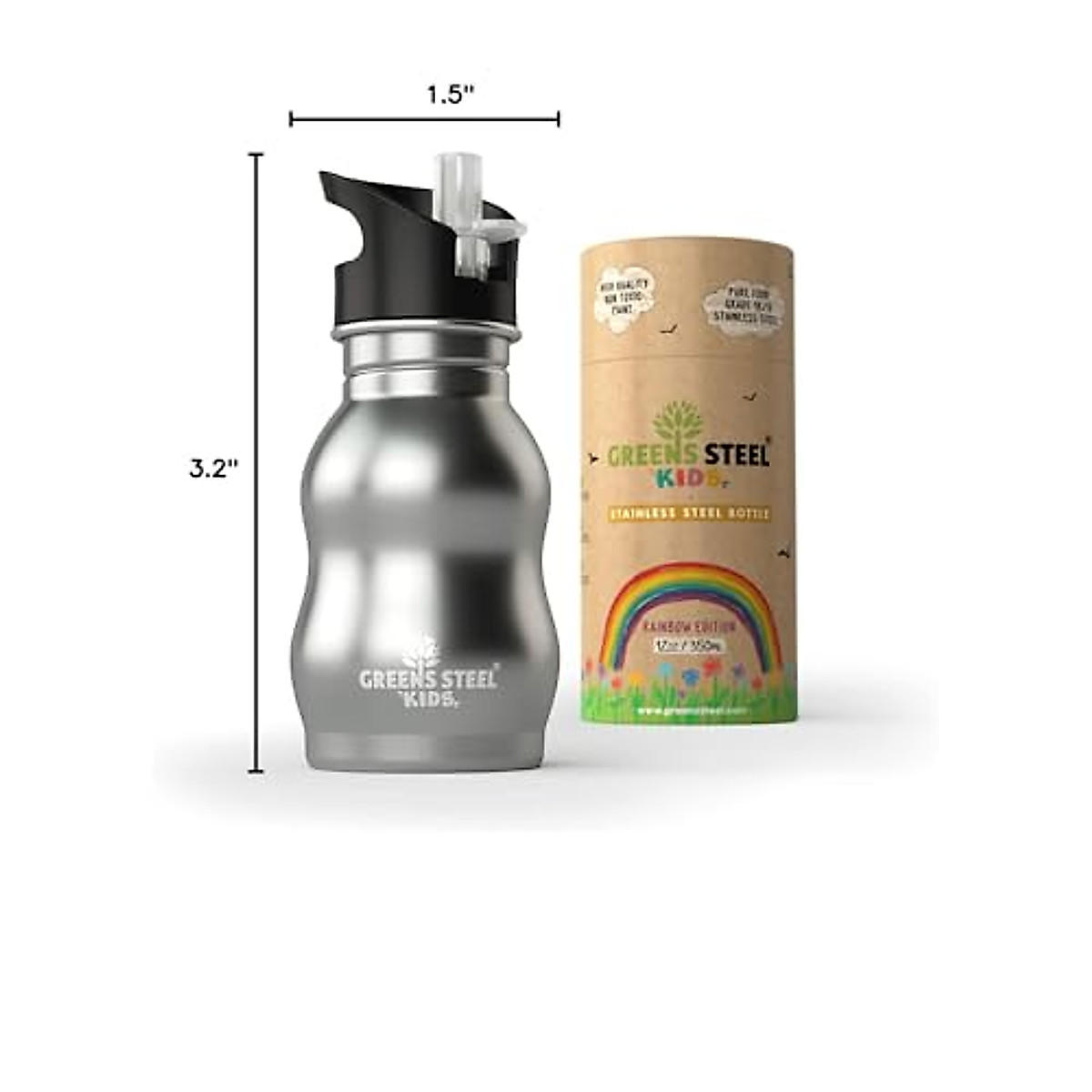 Kids Water Bottle with Straw & Handle, 12 oz Silver- Eco Friendly Toddler Cups with Straws - Easy Sip Metal Water Bottle for Kids - Cute Stainless Steel Water Bottles for Children - Leak Proof Lid