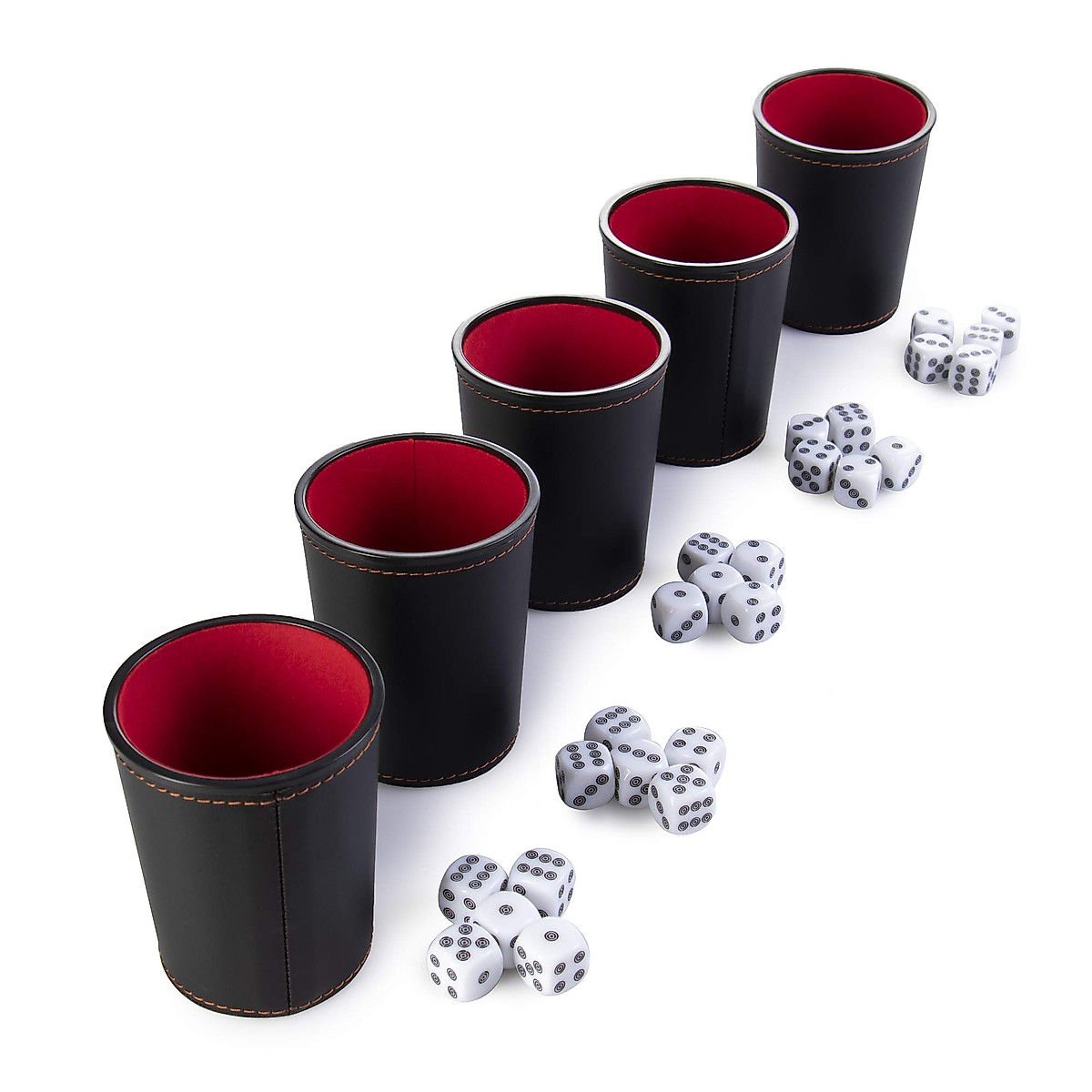 5 Leather Dice Cups and 25 Bullseye Dice by Bullseye Game Night | Classic Dice for Farkle, Liar's Dice, Bunco | Black and Red
