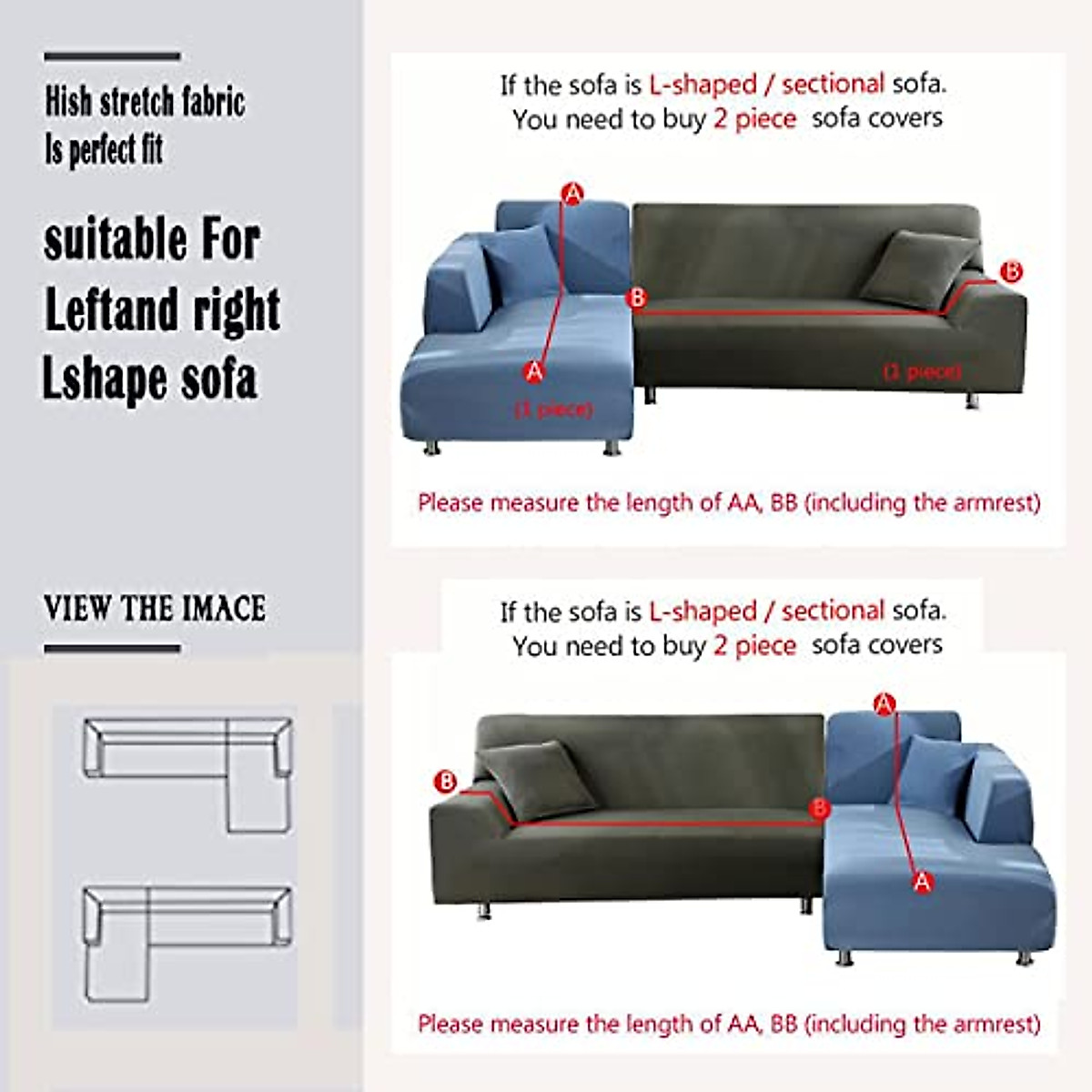 JunJiale Sectional Couch Covers 2-Piece Softness Sofa Cover Super Stretch L-Type Couch Slipcover 4 Seater + 4 Seater Furniture Protector (Blue