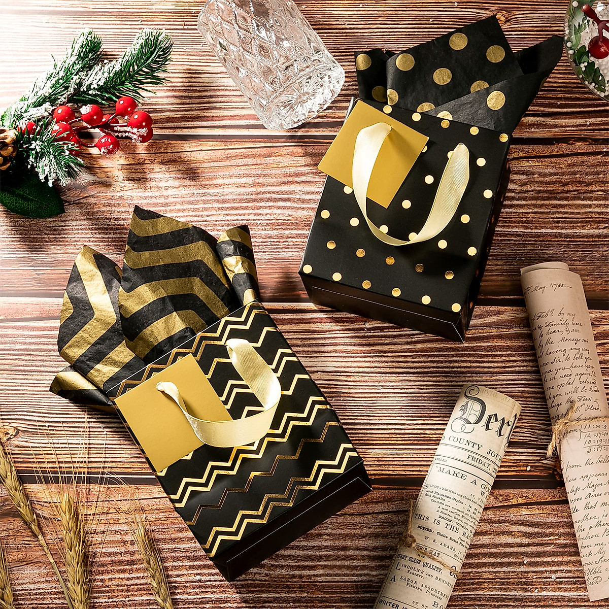 Tenare 24 Pcs Mini Metallic Gift Bags with Handle Tag Tissue Paper, Small Gift Bag for Wedding Baby Shower Birthday(Gold, Black, 4 x 2.8 x 4.5 Inch)