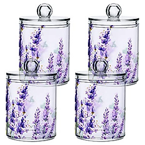 ALAZA Purple Qtip Holder Dispenser 2 Pack Containers for Cotton and Qtips Lavender Cotton Swab Cotton Ball Round Pads Clear Plastic Acrylic Jar Set Bathroom Canister