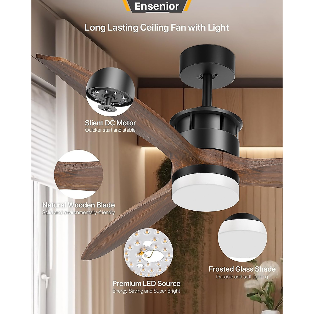 Ensenior 52’’ Wood Ceiling Fan with Light and Remote Control, Reversible and Silent DC motor, Modern Ceiling Fan with Remote for Bedroom, Living Room, 5CCT selectable LED Light, Black (335)