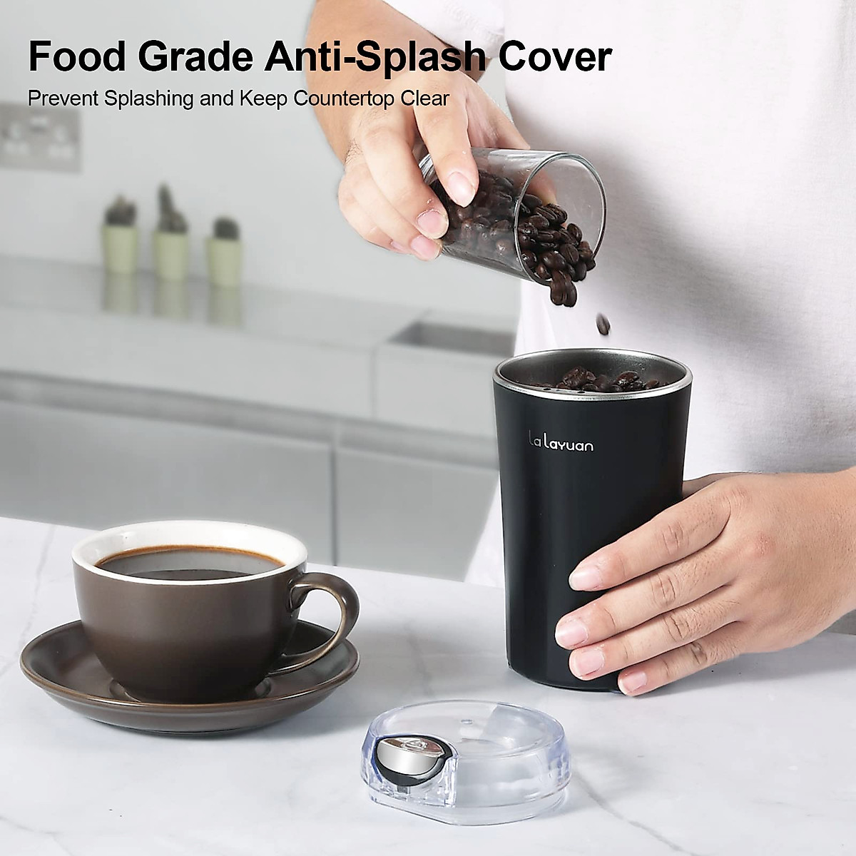 Coffee Bean Grinder, lalayuan Electric Coffee Grinder,200W Powerful Electric Spice Grinder, Herb Grinder, Espresso Grinder, One Touch Coffee Mill for Beans, Spices Herbs,Nuts, with Clean Brush Black