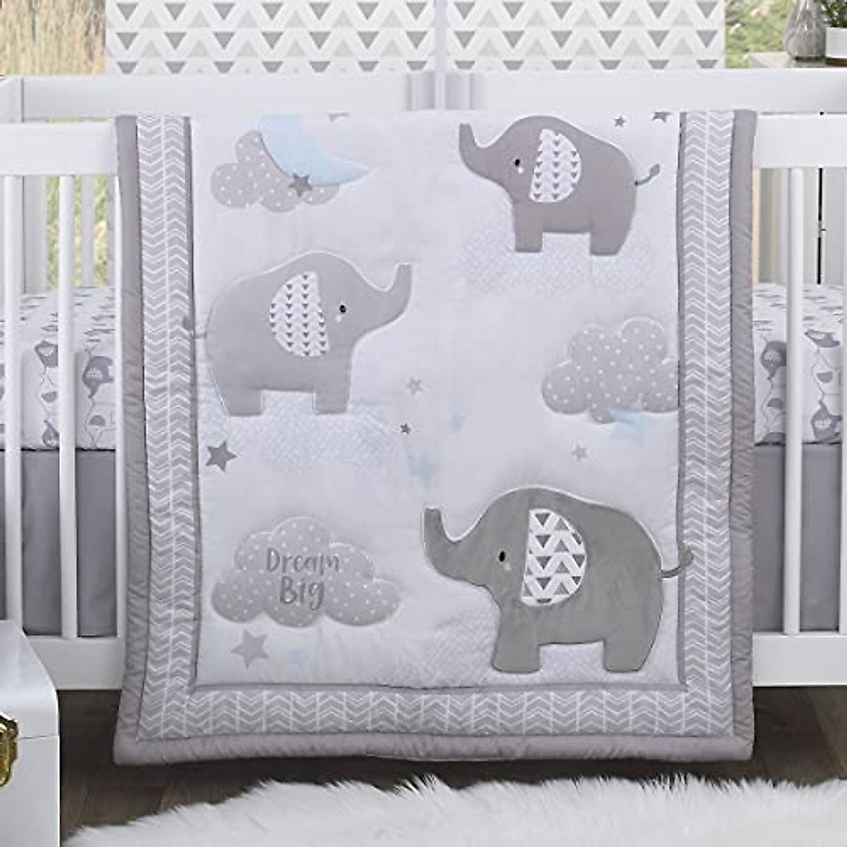 NoJo Little Love Elephant Stroll Dream Big Clouds and Stars with Chevron Border 3 Piece Nursery Crib Bedding Set - Comforter, Fitted Crib Sheet, and Crib Skirt