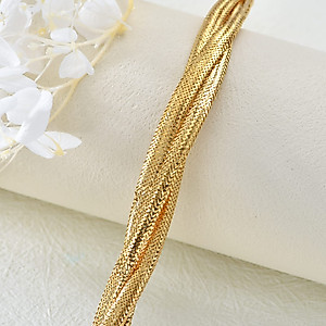 18K Solid Gold Braided Bracelet for Women, Yellow Gold High Luster Braided Herringbone Link Chain Bracelet Jewelry Gift for Wife Mom Girlfriend 8inch