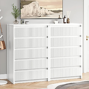 Jocoevol White Dresser 5 Drawer Dresser for Bedroom, Modern Fluted Dresser with Deep Drawers and Mirror, Wooden Dresser Chest of Drawers for Living Room, Hallway, Entryway