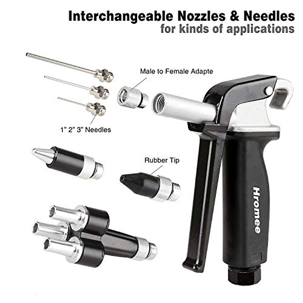 Hromee 12 Pieces High Flow Air Blow Gun Kit with Safe Quiet Xtreme Nozzles Rubber Tip 6/12 Inch Extension Chip Guard and Needles Duster Gun and Air Compressor Accessories