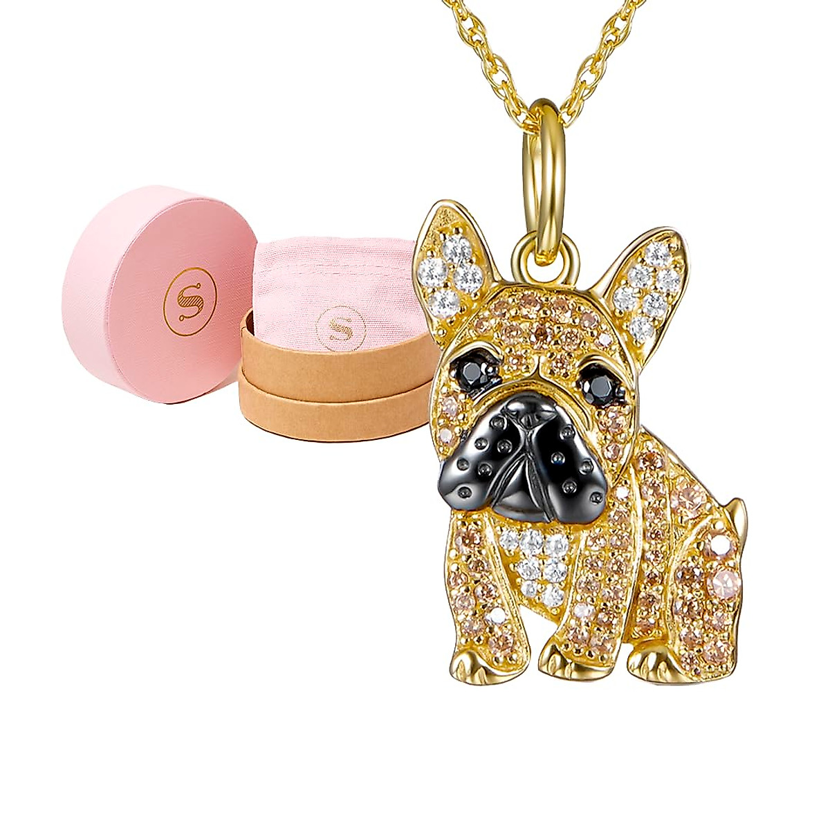 SCAMPER & CO French Bulldog Pendant Necklace for Women - Gemstone Cubic Zirconia