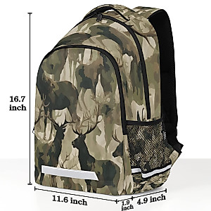 Funky Qiu Military Camo Camouflage Deer Backpack for Men Women Lightweight Laptop College School Bookbag Casual Daypack for Travel Hiking Camping with Reflective Strip