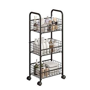 3-Tier FreeStanding Open Shelf with Wheels, Storage Rolling Cart Bathroom Organizer Shelves Unit, Metal Steel Storage Tower Organizer Rack Basket Cart for Bathroom, Living Room, Balcony, Kitchen