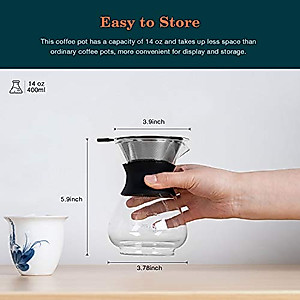 HEIHOX Pour Over Coffee Maker Set 14 oz Pour Over Coffee Dripper with Paperless Reusable Stainless Steel Cone Filter, Glass Coffee Carafe with Protective Silicone Sleeve