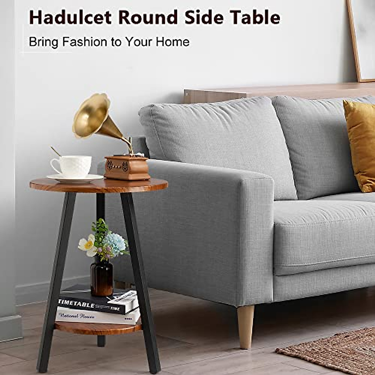 Hadulcet Round Side Table，Accent Table Small End Table for Living Room Bedroom Office Balcony Small Space, Chestnut