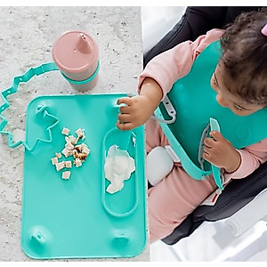 BUSY BABY Silicone Mat - Suction Cups, 4 Straps to Secure Baby Essentials, Self Feeding, Baby Led Weaning, Travel Sleeve Included (Olive)