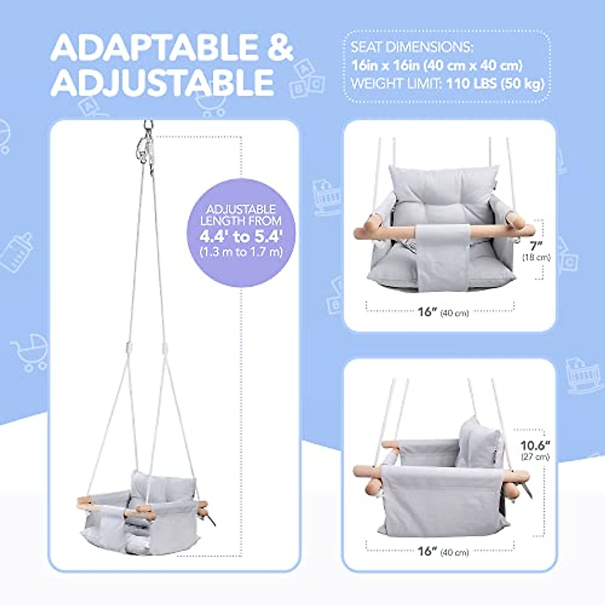 CaTeam - Canvas Baby Swing, Wooden Hanging Swing Seat Chair with Safety Belt, Durable Baby Swing Chair, Outdoor and Indoor Swing for Kids, Mounting Hardware Included, Gray