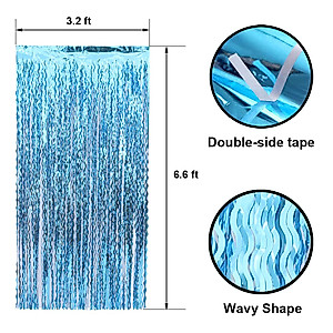Wavy Tinsel Foil Fringe Curtain Photo Booth Props for Mermaid Birthday Under The Sea Party Decorations (2 Pack 3.2 ft X 6.6 ft Teal Blue)