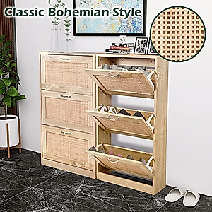 HOPUBUY Shoe Cabinet for Entryway, Narrow Shoe Storage Cabinet, Hidden Rattan Shoe Cabinet Wood 3 Tier Slim Shoe Rack for Home and Apartment, Nature