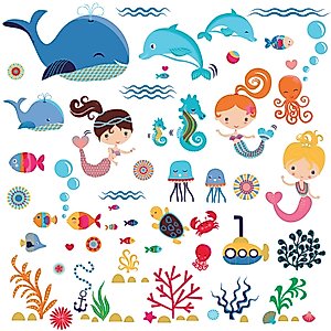 Playful Mermaids Decorative Peel & Stick Wall Art Sticker Decals for Kids Room Girls Room Nursery