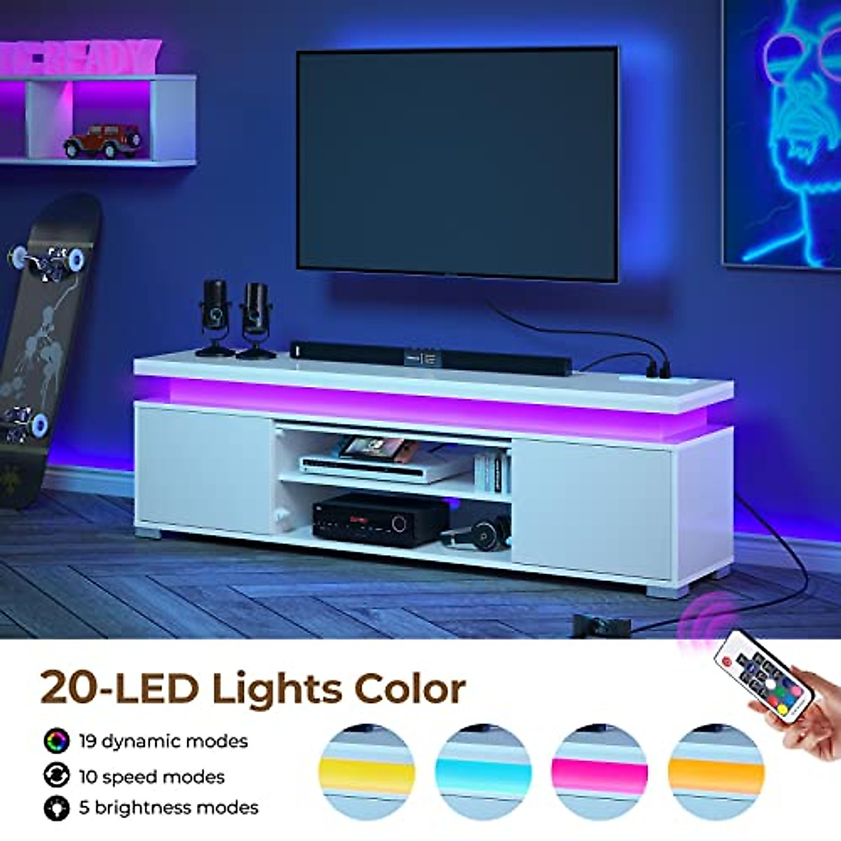 Rolanstar TV Stand with LED Lights & Power Outlet, Modern Entertainment Center for 32/43/50/55/65 Inchs TVs, TV Table, Universal Gaming LED TV Media stand with Storage Cabinet and Large Storage, White