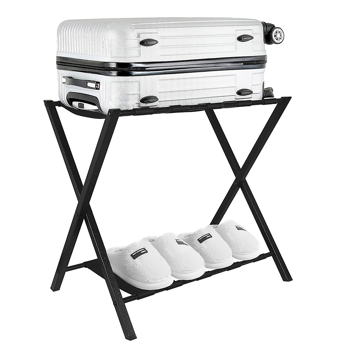 H-A Folding Luggage Rack Suitcase Stand with Storage Shelf for Guest Room Bedroom Hotel, Black (1 Pack)