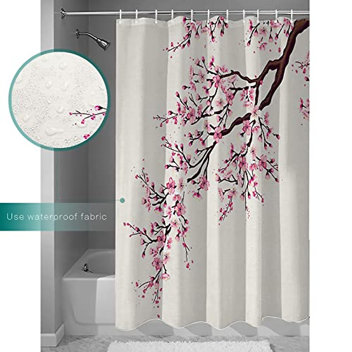 Blooming Cherry Tree Shower Curtains for Bathroom Decoartion, Waterproof Cloth Shower Curtains Durable Bath Curtain for Showers Bathtubs Pink Floral Rustic Burlap Backdrop 36x72 IN Hooks Included