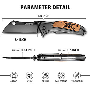 NedFoss Mieba Pocket Knife, 3.5" D2 Steel Pocket Knives & Folding Knives, Tactical Knife Folding Cleaver EDC Knife with Sheath, Pocketclip, Unique Skull G10 Handle Utility Knife
