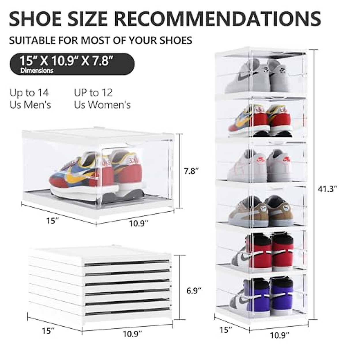 AKELOR 6 Tier Foldable Shoe Storage Boxes, Installation-free Clear Foldable Shoe Box, One-Piece Stackable Shoe Rack, Plastic Storage Shelves Collapsible Shoe Rack Organizer for Closet Bedroom