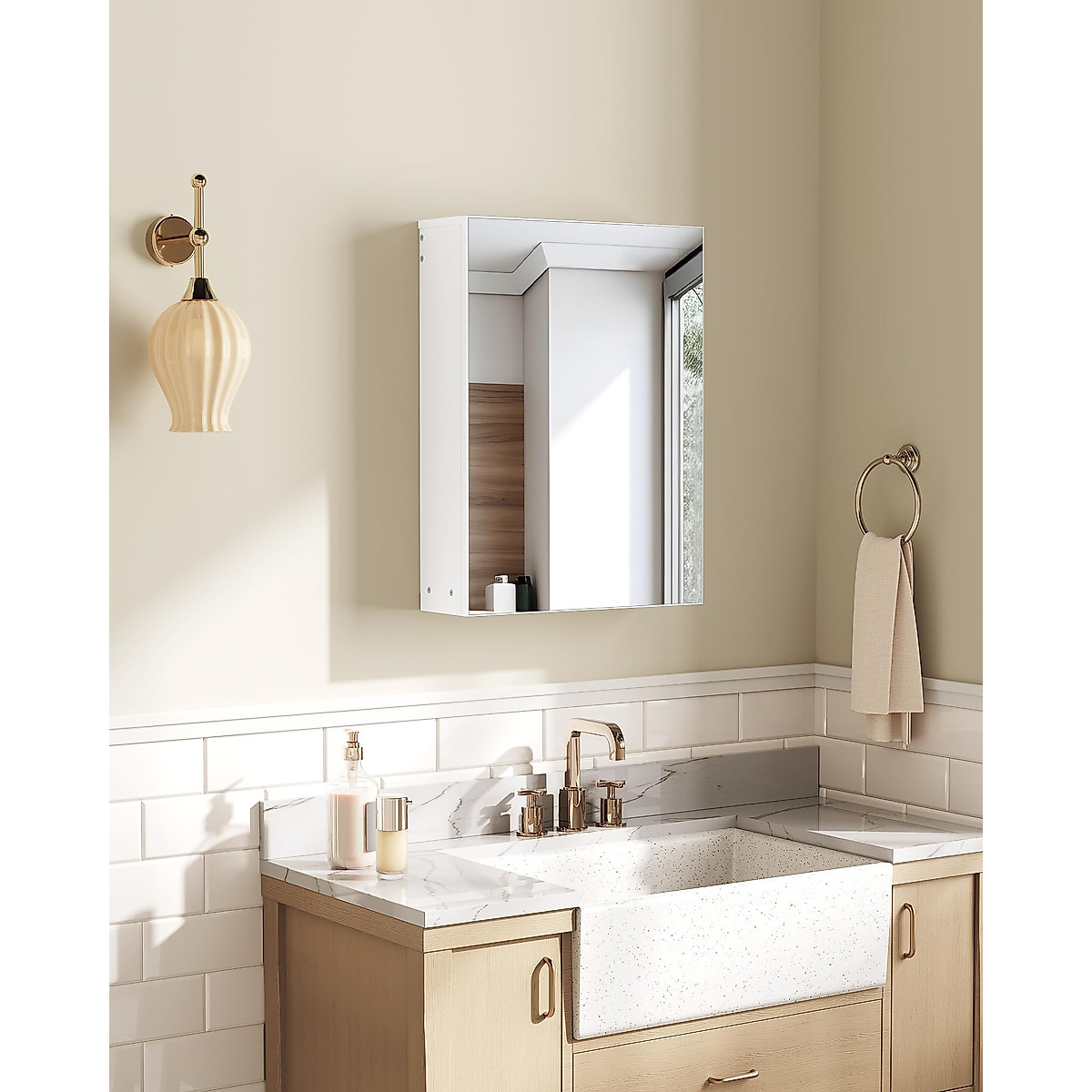 CHOEZON Bathroom Medicine Mirror Cabinet, Wall-Mounted Bathroom Vanity with Mirror, Bathroom Medicine Cabinet with Storage Function, Hanging Storage Cabinet, Adjustable Shelves, White