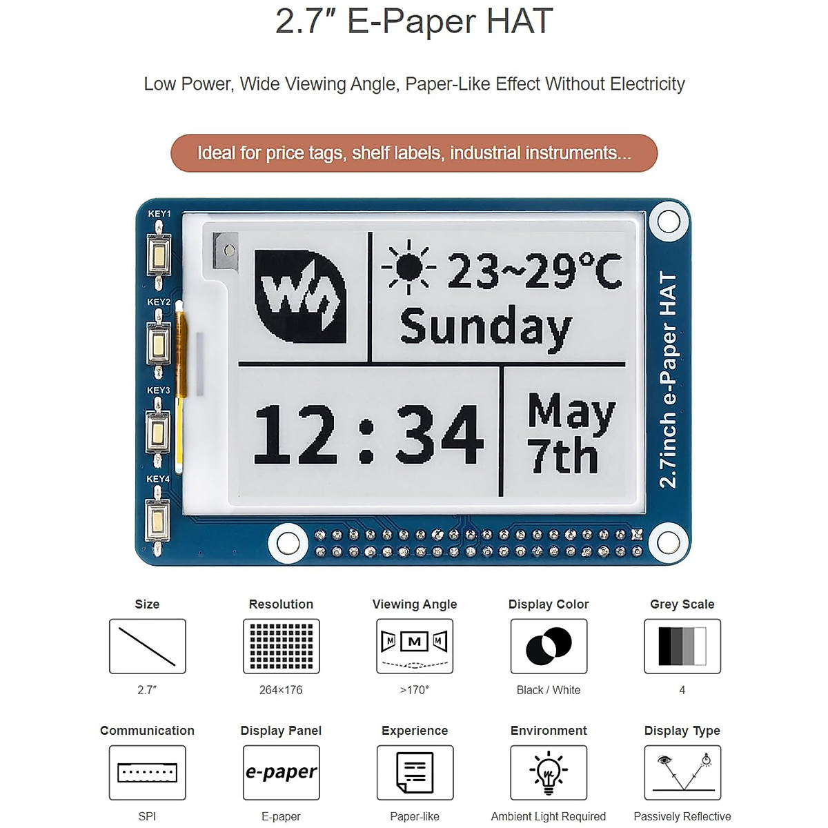waveshare 2.7inch E-Ink Display HAT,264x176 Pixel Black,White Two-Color 3.3V/5V E-Paper Screen LCD for Raspberry Pi 4B/3B+/3B/2B/Zero/Zero W/Zero WH and Jetson Nano SPI Interface Support Full Refresh