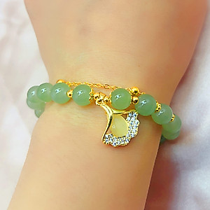 Natural Jade Bracelet for Women Hotan Jade Leaf Bracelet Natural 2-Layer Green Nephrite Jade Bracelet for Women Round Bead Design with Zircon Leaf Charm Bracelet,Lucky Jade Bracelet Ladies Jewelry (Ginkgo leaf)