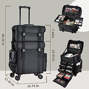 Costravio Professional Makeup Case, 2in1 Travel Makeup Rolling Case Soft Sided Cosmetology Train Case with Wheels Makeup Artist Cosmetic Organize for Make-up, Nail Art, Beauty, Hairstylist, Black