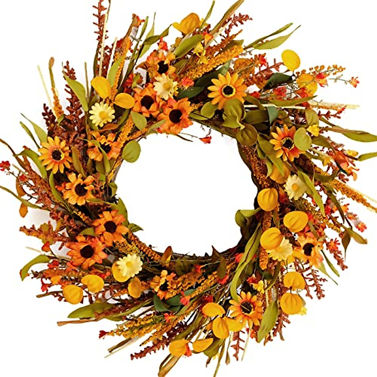 idyllic 20 Inches Harvest Wreath, Yellow and Orange Daisies Flowers, Ear of Wheat, Green and Spring Leaves Wreath for Front Door