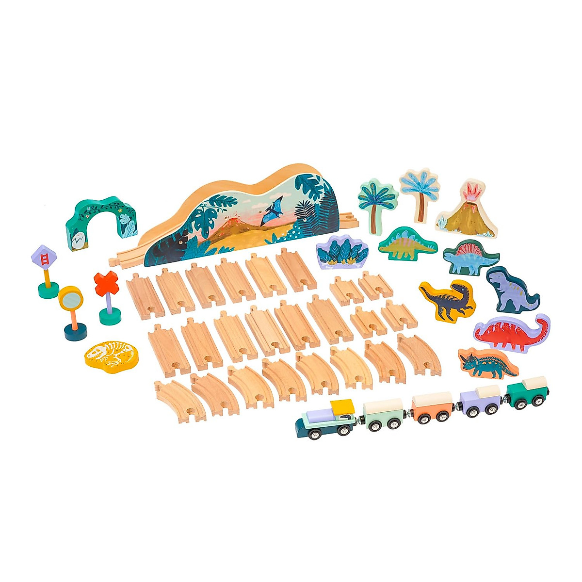 Manhattan Toy T-Rex Express 45-Piece Jurassic-Themed Wooden Toy Train Set for Toddlers 3 Years and Up