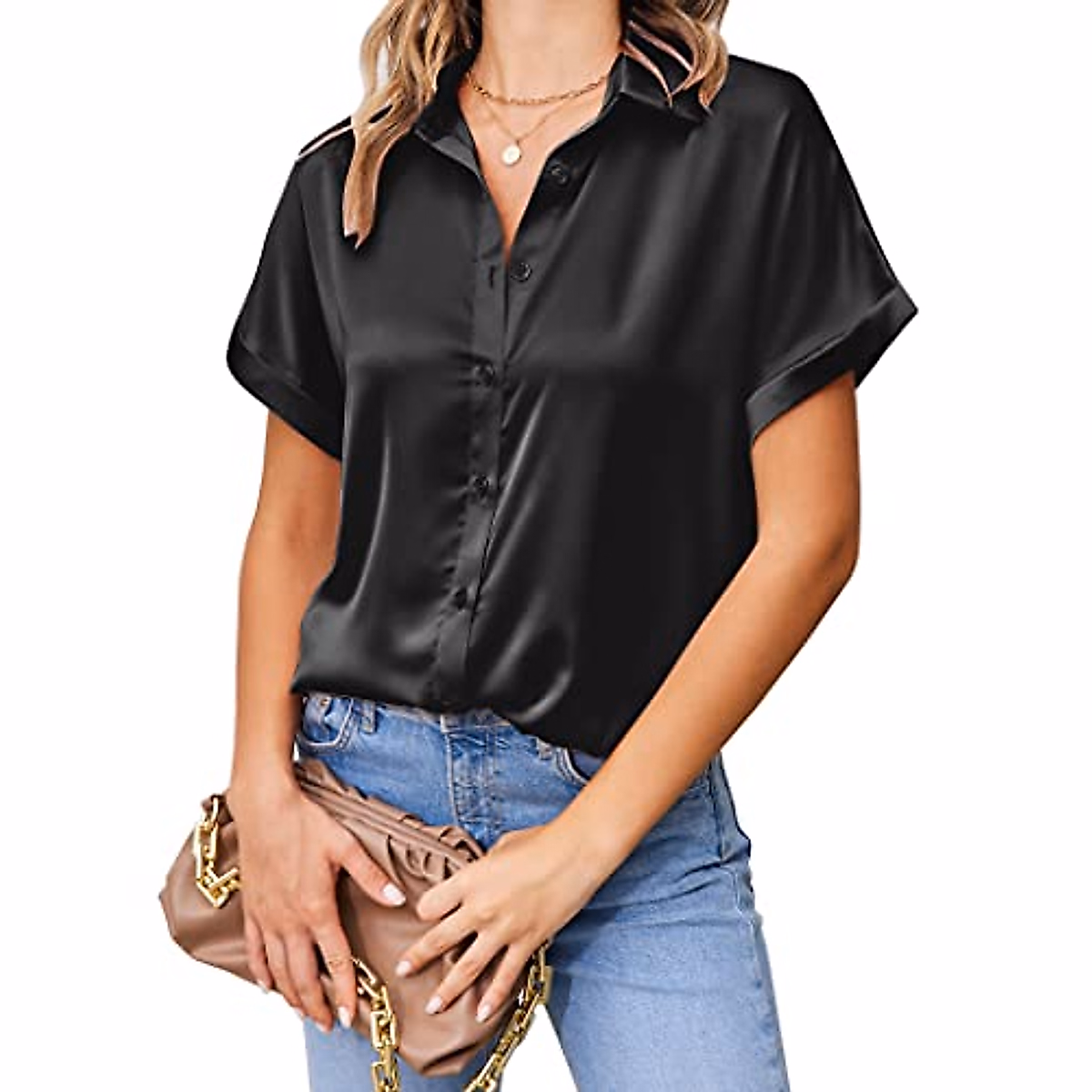 Chigant Silk Blouse Short Sleeve Button Down Shirts Satin V-Neck Tunic Top Black