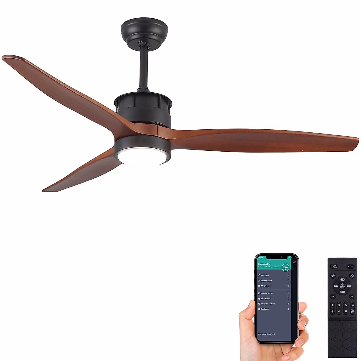 52 Inch Solid Wood Ceiling Fans with Lights Remote Control, Quiet DC Motor 3 Blade Dimmable Modern Indoor Outdoor Ceiling Fan for Living Room,Bedroom,Farmhouse,Office(Black+Solid Walnut Wood)