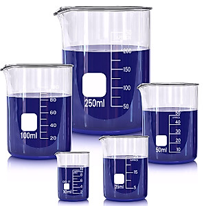 Glass Beakers Set, 5 Sizes - 10ml, 25ml, 50ml, 100ml, 250ml, 3.3 Borosilicate Beaker for Laboratories, Classrooms or Home, Griffin Low Form Lab Beakers
