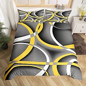 Gray Black Yellow Swirls Bedding Set,Retro Circle Stripes Duvet Cover for Kids Teen Boys Girls,Modern Abstract Comforter Cover Decorative Room,Modern Simple Quilt Cover with 2 Pillowcases,King Size