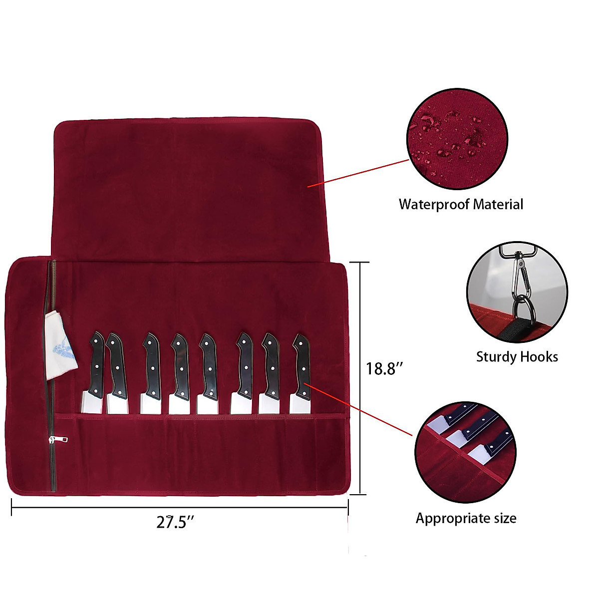 Chef Knife Roll Bag,Waxed Canvas Knife roll bag,Portable 10 Slots Chef Knife case with 1 Zipper Pockets,Heavy Duty Knives Roll Bags for Chef Case for Camping and Hold Home Kitchen Knife Tools Up (Red)