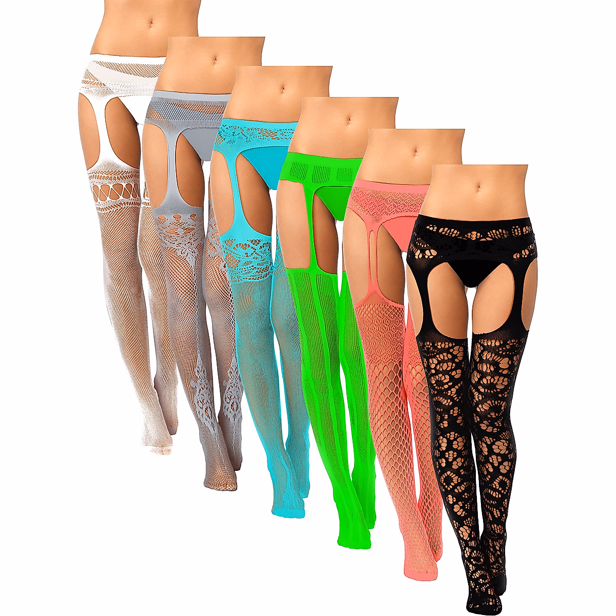 Skylety 6 Pairs Women Fishnet Thigh-High Stockings Tights Suspender Pantyhose Stockings for Women(X-Large-xx-large,White, Grey, Carmine, Light Blue, Fluorescent Green, Black)