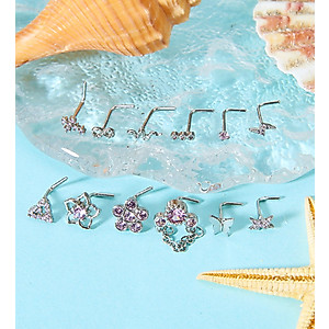 Staligue 12pcs Threadless Push in Nose Rings 20g L Shaped Dangle Push in Nose studs Stainless Steel Pushin Nose Screw Studs For Women L Shaped Screw Studs Flower Heart Nose Push in Piercing Jewelry