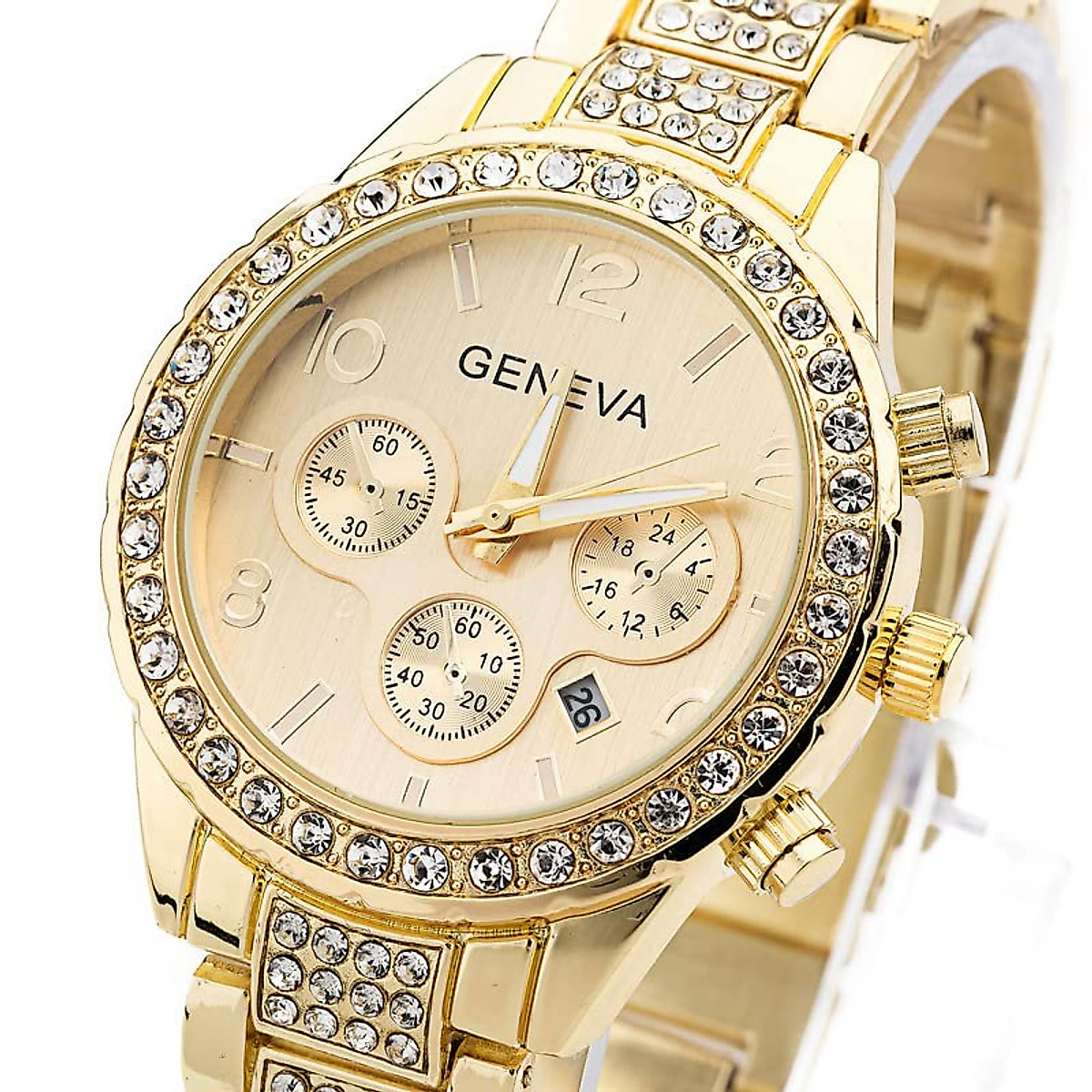 Unisex Diamond Watches Luxury Men and Women Calendar Quartz Clock Rose Gold Silver Stainless Steel Watch (Gold)