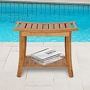 kinbor Bamboo Shower Bench Shower Stool - Shower Benches for Inside Shower with Handles & Storage Shelf 2-Tier for Spa Bathroom