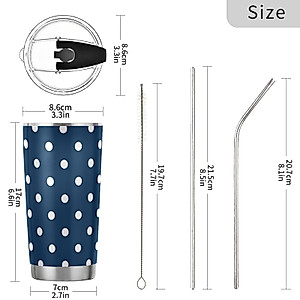 WELLDAY Navy Blue Polka Dot Stainless Steel Tumbler Cup with Straw & Lid Double Wall Vacuum Insulated Travel Mug Hot Cold Water Bottle Coffee